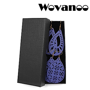 Wovanoo Wooden Cut-out Drop Earrings 2 Pairs Natural Wood Dangle Teardrop Jewelry Gifts Blue Oval