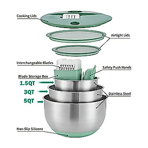 weltonhm Mixing Bowls Set of 3 Stainless Steel Bowl with Lids Set, Nesting Bowls with Graters Airtight Lids for Cooking, Baking, Prepping(Green)