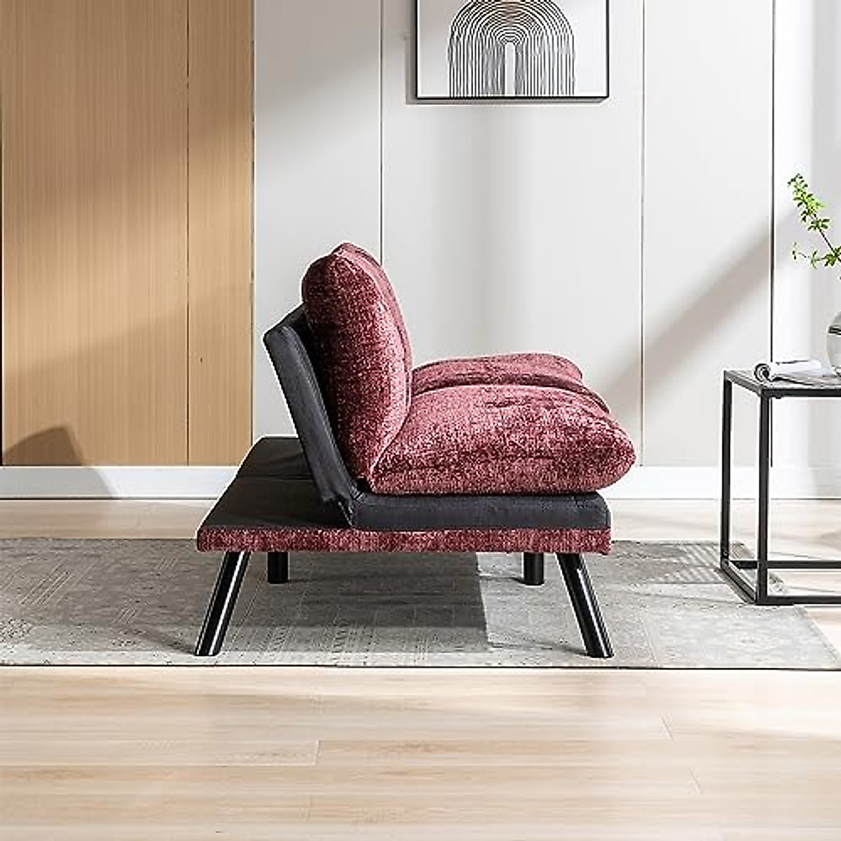 Sofa Bed Futon Couch Convertible Loveseat Sleeper Comfy Foldable Lazy Sofa Small Futons with Adjustable Back Armless Sofabed for Small Spaces, Chenille, Wine Red