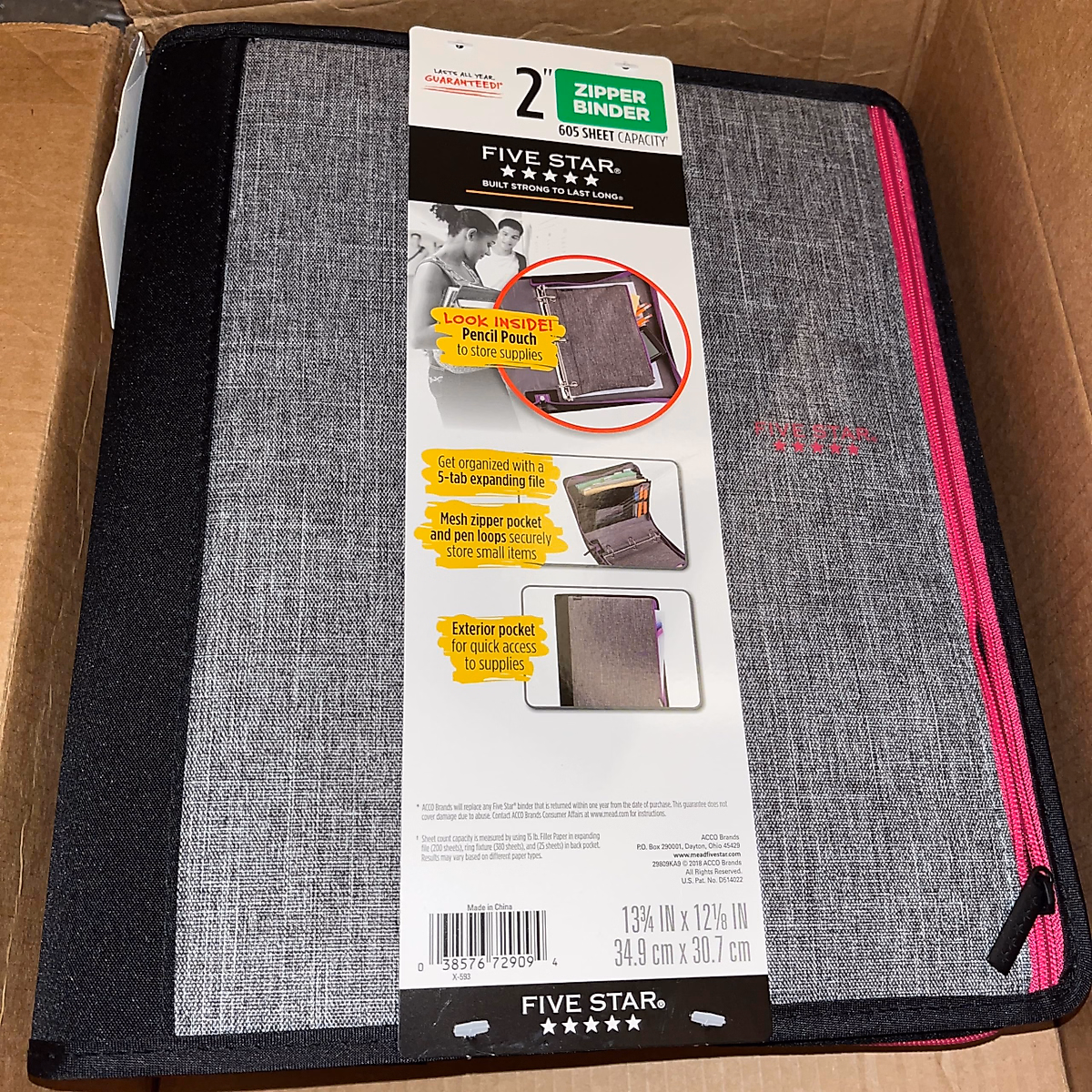 Five Star 2" Zipper Binder 605 Sheet Capacity Pink