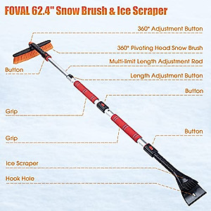 FOVAL 62.4" Extendable Snow Brush and Ice Scraper with 360°Pivoting Brush Head, Snow Removal Car Brush for Windshield Window Trucks SUVs, Essential Winter Tool Ice Remover with Comfortable Foam Grip
