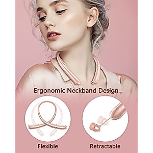 Bluetooth Headphones, Wireless Neckband Headset with Retractable Earbuds, Stereo Earphones w/Noise Canceling Mic for Conferences, Work Out, Travel, Compatible with Android iPhone (Rose Gold)