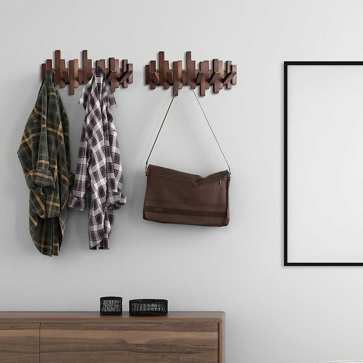 NZUSHUH Natural Wood Wall Mounted Piano Coat Rack, Wall Mounted Coat Rack, Flip Down Wall Hook Rack 6 Hooks for Wall Art, Umbrella, Coats, Keys, Robe