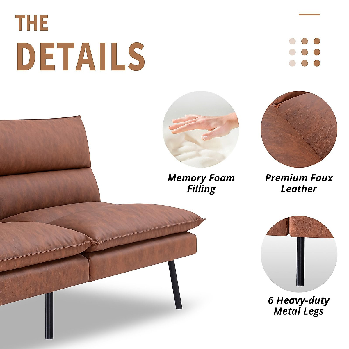 IULULU Futon Sofa Bed Modern Convertible Armless Sleeper Couch Daybed for Studio, Apartment, Office, Small Space, Compact Living Room, Chestnut