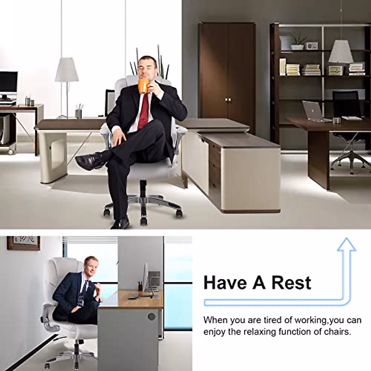 Managerial and Executive Office Chair,Ergonomic White PU Leather Office Desk Chair,Diamond Stitched High Back Swivel Task Chair with Rocking Function,Adjustable Flip-up Armrests Computer Chair