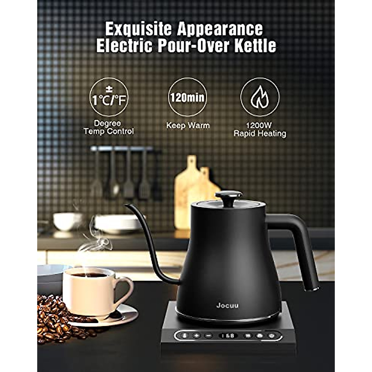 Jocuu Gooseneck Electric Pour Over Kettle with Temperature Control, Tea & Pour Over Coffee Kettle, Stainless Steel, Auto Shutoff Boil-Dry Protection, 0.8L, Matte Black