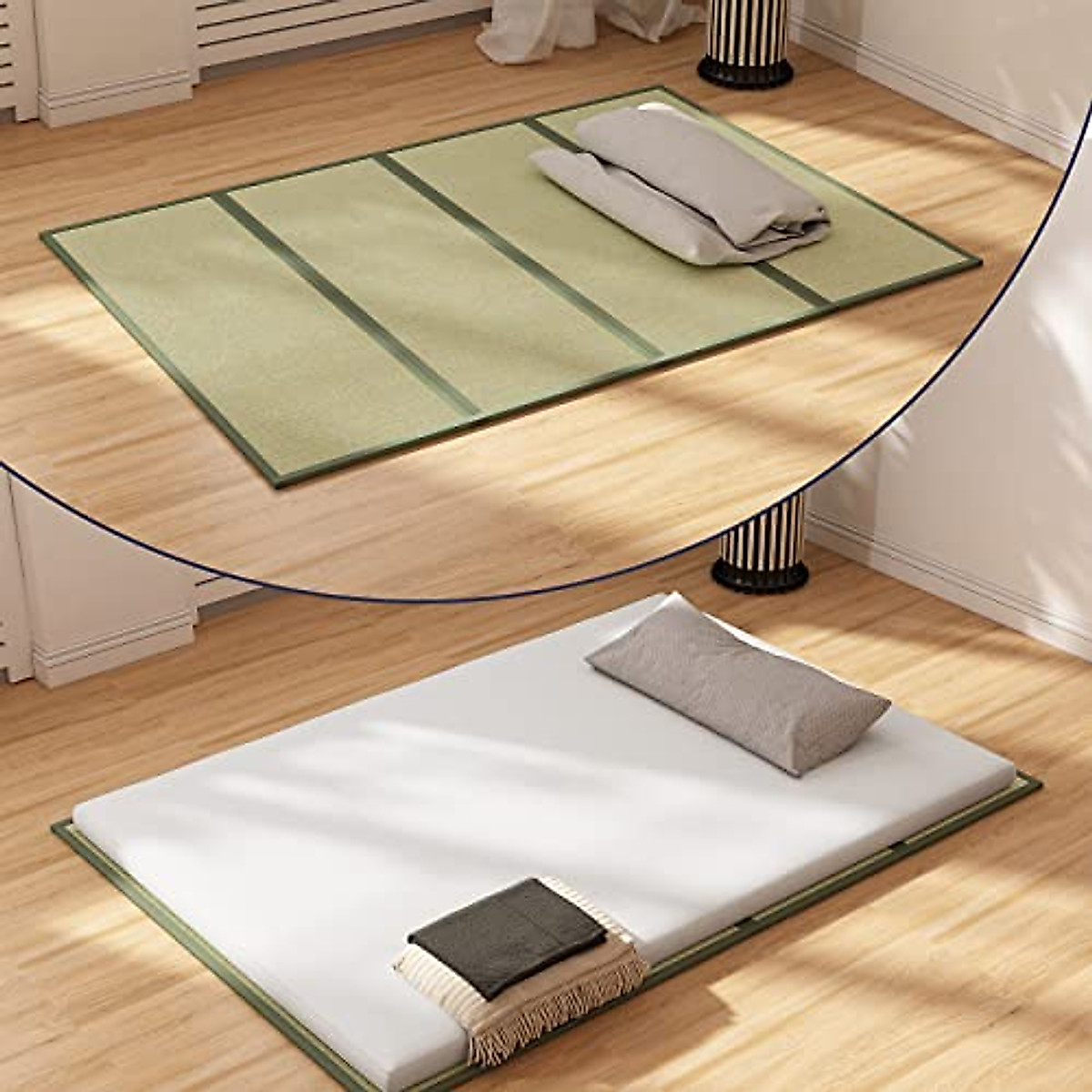 Mjkone Japanese Tatami Mattress, Igusa Mat (100% Japanese Rush Grass) Tatami Mat, Folding Japanese Floor Sleeping Mattress with Non-Slip Breathable Memory Foam for Sleeping/Yoga/Relaxing (Queen)