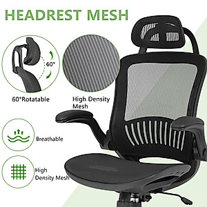 Office Chair Ergonomic Desk Chair Mesh Computer Chair with Lumbar Support Headrest Flip UP Arms Rolling Swivel Adjustable Task Chair for Adults(Black)