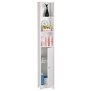 Bonnlo Narrow Cabinet, 67" Tall Slim Bathroom Storage Cabinet 12" Wide White Skinny Linen Cabinet with 3 Open Shelves Single Door Adjustable Shelf Space Saving Corner Pantry