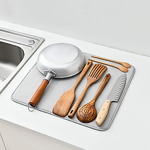 SUBEKYU Microfiber Dish Drying Mat for Kitchen Counter, Absorbent Dishes Drainer/Rack Pad for Countertop (Light Grey 2P)