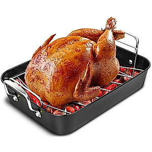 MICHELANGELO Carbon Steel Roasting Pan with Rack, Turkey Roasting Pan 15 Inch x 11 Inch, Nonstick Turkey Roaster Pan with Stainless Steel Rack, Induction Compatible