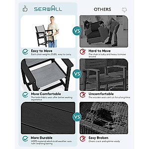 SERWALL Textilene Outdoor Dining Chair Set of 2, HDPE Frame with Textile Chair Seat, Holds up to 300 LBS, All Weather Chairs for Lawn, Garden, Yard and Poolside, Black