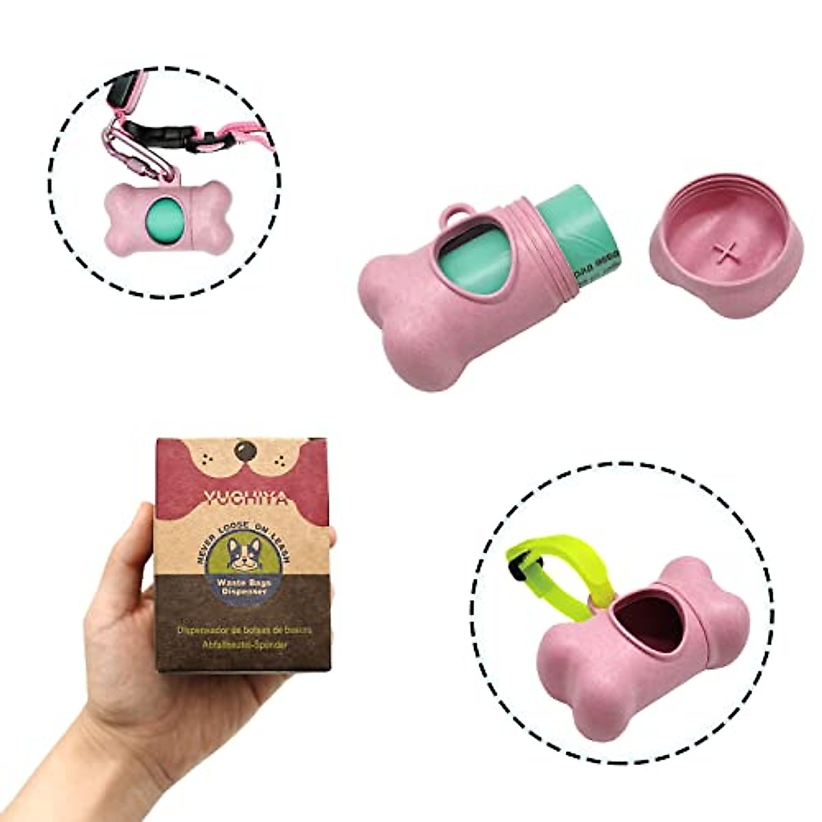 Dog Poop Pickup Bags Holder Dispenser with 1 Roll Random Color Leak-proof Scented Doggy Waste Bags and Carabiner with Safety Lock Plus Hook and Loop Fastener Never Loose on Leash Lead Again (Pink)