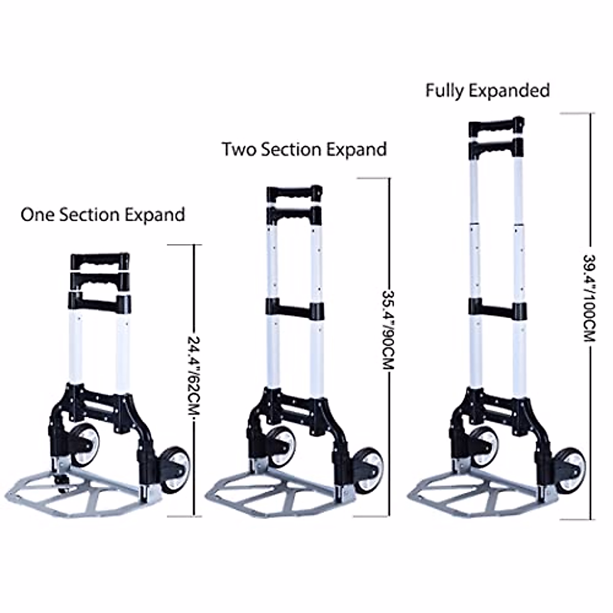 Caflower Folding Hand Truck,Sliver Aluminium Portable Folding Trolley with 3-Position Folding Pulley Handles, Load Capacity 175 lbs for Home, Office and Travel Use.Rubber Wheels