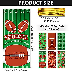 MIMIND 120 Pieces Super Bowl Football Cellophane Bags Super Bowl Heat Sealable Football Field Treat Bags with Gold Twist Ties for Football Party Decors, Sport Party Supplies, Team Gift, 6 Styles