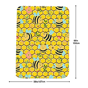 Cute Bee Blanket Bee Gifts for Kids Adults Flowers Yellow Fleece Plush Throw Blanket for Couch Bed Honeycomb Decor, Warm Lightweight Super Soft Blankets All Seasons, 60x50 Inch