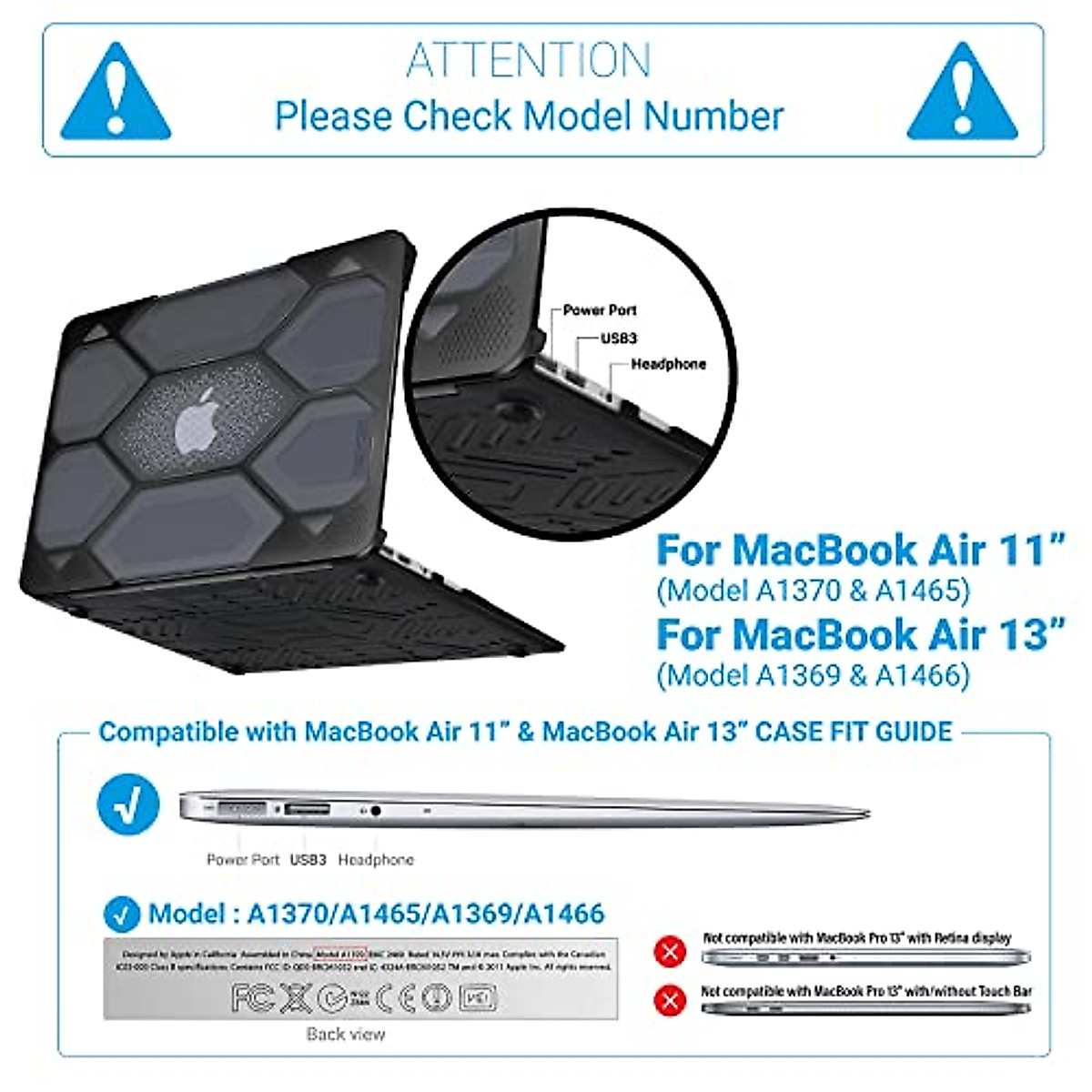 IBENZER Compatible MacBook Air 13 Inch Case A1466 A1369, Heavy Duty Protective Hard Shell Case Cover for Apple Mac Air 13 Old Version 2017 2016 2015 2014 2013 2012 2011 2010, Black, HA13CYBK