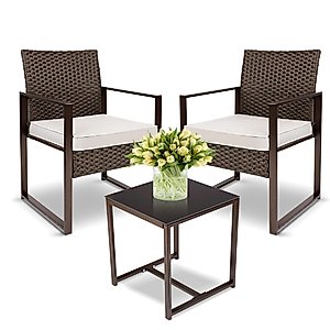 YIYAN Patio Furniture Set 3 Pieces Outdoor Rattan Chair Wicker Sofa Garden Conversation Bistro Sets with Coffee Table,Comfortable Washable Cushions (White)