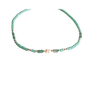 925 Sterling Silver Turquoise Color Glass Beaded & Pearl Choker Necklace for women, Length 13-17 inches / 32-41CM - Adjustable Small Dainty Necklace | Handmade by MiYa Jewelry creations