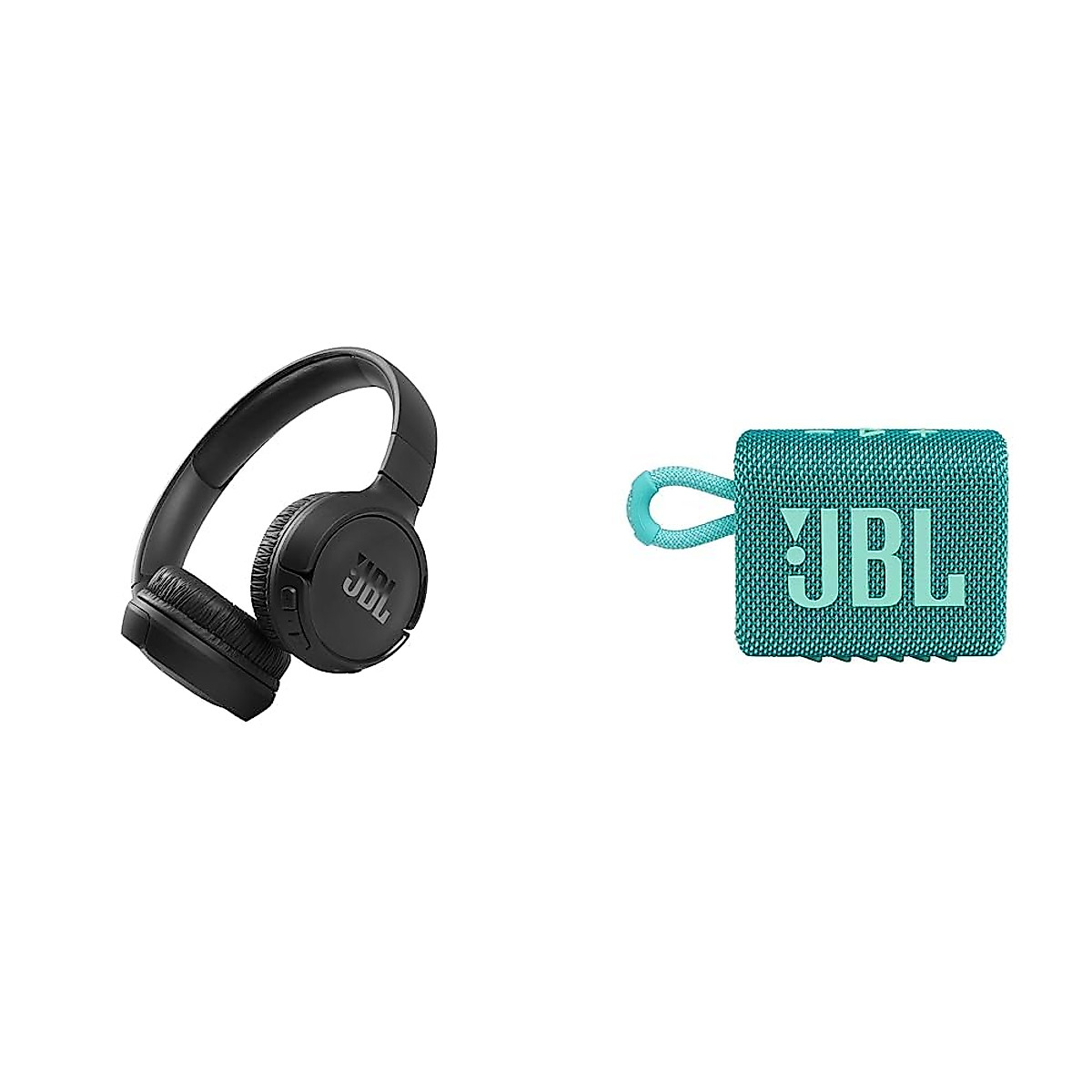JBL Tune 510BT: Wireless On-Ear Headphones with Purebass Sound - Black & Go 3: Portable Speaker with Bluetooth, Builtin Battery, Waterproof and Dustproof Feature Teal JBLGO3TEALAM