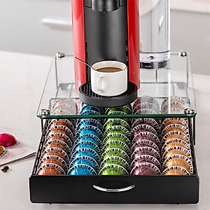 Rice rat Coffee Vertuo Capsule Holder Drawer for Nespresso With Glass For Cabinet Vertuoline Pod Storage Rack For Counter (Class-50 Pods（With handle）)