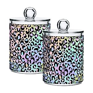 Joisal Multicolored Gradient Leopard Print 2 Pack Ear Cotton Swabs Container With Lids Plastic Bathroom Organizer for Cotton Balls, Cotton Swabs, Cotton Round Pads, Floss Picks