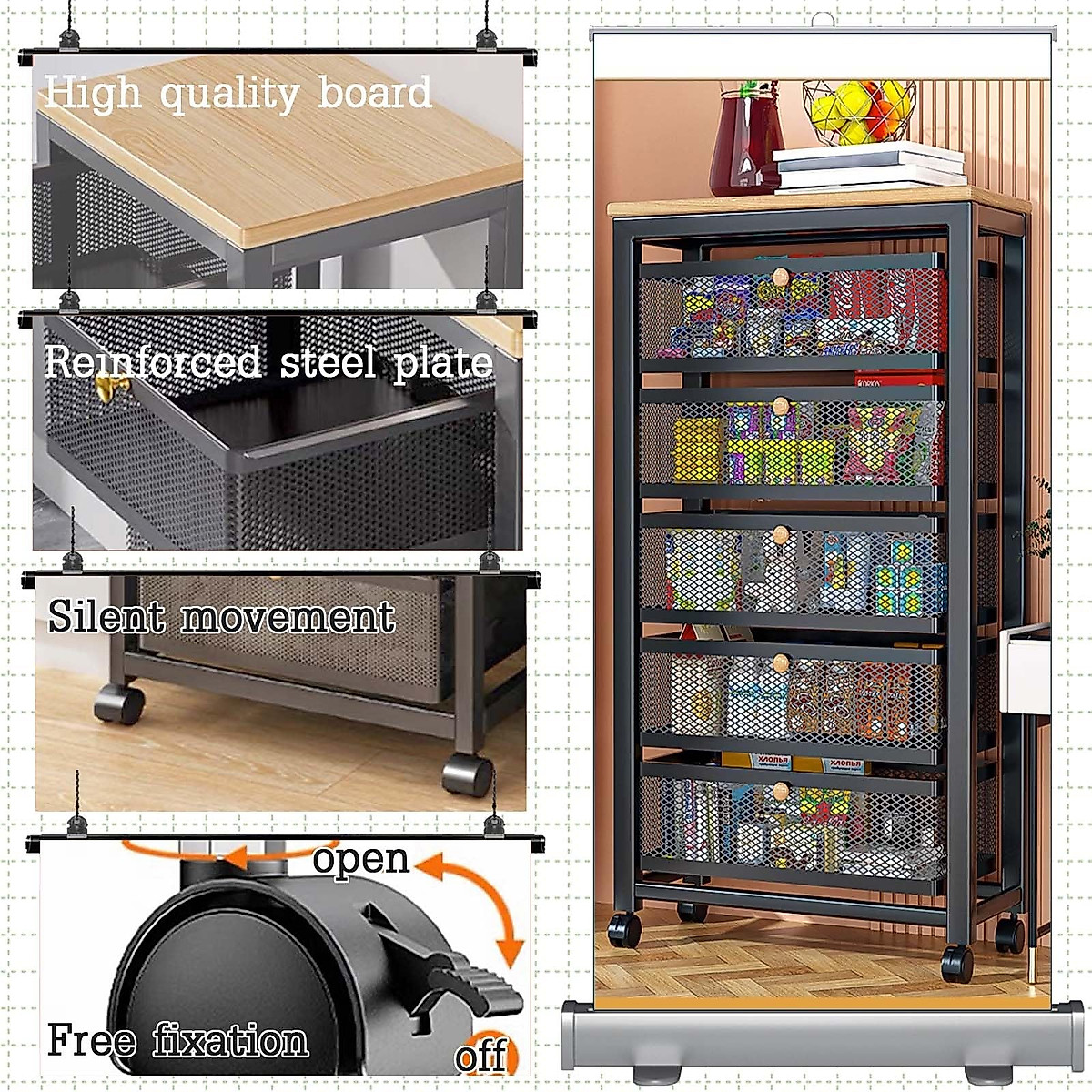 Small Sideboard,Storage Trolley , Larder Cupboard. Tall Storage Cabinet. Bar Cabinet. Cart Slide-out Slim. Rolling Utility Cart Mobile Storage Shelving Organizer, For Kitchen Bathroom Laundry Office (