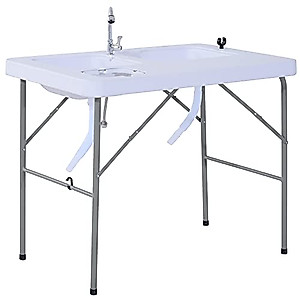 Outsunny Portable Folding Camping Sink Table with Faucet and Dual Water Basins, Outdoor Fish Table Sink, 40''