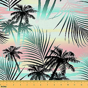 Hawaiian Palm Tree Fabric by The Yard, Tie Dye Upholstery Fabric, Summer Tropical Decorative Fabric, Green Leaves Waterproof Indoor Outdoor Fabric, Ocean Beach Fabirc, DIY Art, Green Pink, 1 Yard