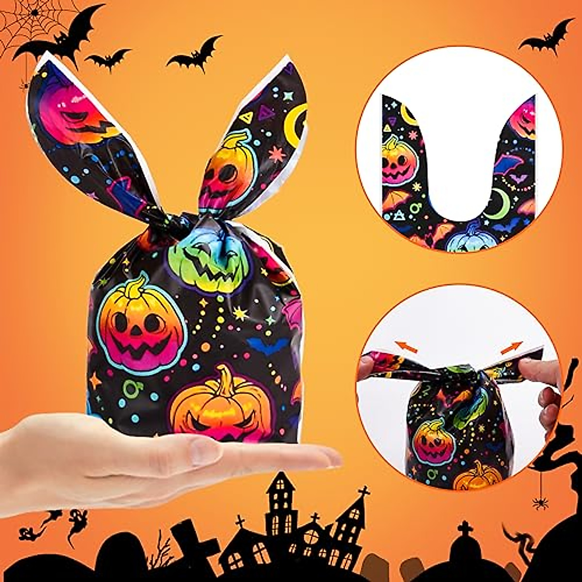 100 PCS Halloween Sweets Bags, Halloween Treat Candy Bags for Trick or Treat Party, Biscuit Goody Bags 14 * 23cm, Party Bag Pouches Fillers for Halloween Party Favor, Small Party Supplies