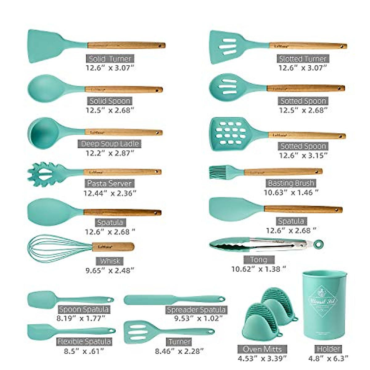 LeMuna 18pcs Silicone Kitchen Utensils Set, Kitchen Cooking Utensils Set with Holder, Wooden Handle Silicone Utensils Set, Heat Resistant, BPA Free, Non Toxic