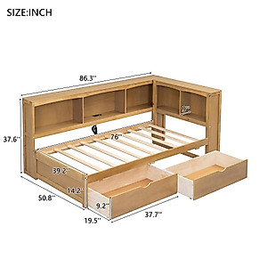SOFTSEA Twin Size Daybed with Bookcase Headboard & Drawers, L-Shaped Platform Bed with Charging Station, Wood Twin Corner Bed Frame with Storage for Kids Teens Adults, No Box Spring Needed, White