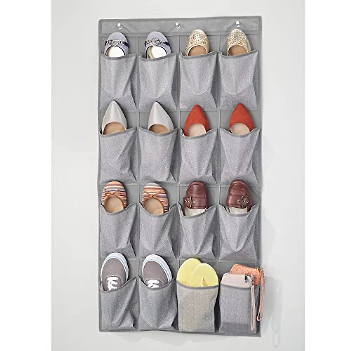 mDesign Soft Fabric Over the Door Hanging Storage Organizer with 16 Deep Pockets for Child/Kids Room, Nursery, Playroom - Metal Hooks Included - Herringbone Print - Gray
