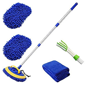 2 in 1 Microfiber Car Wash Mop Mitt with 45" Aluminum Alloy Long Handle,Chenille Car Cleaning Kit Brush Duster with Scratch Free for Washing Car/Truck/RV,2 Mop Head and 1 Towels and Air Vent Duster