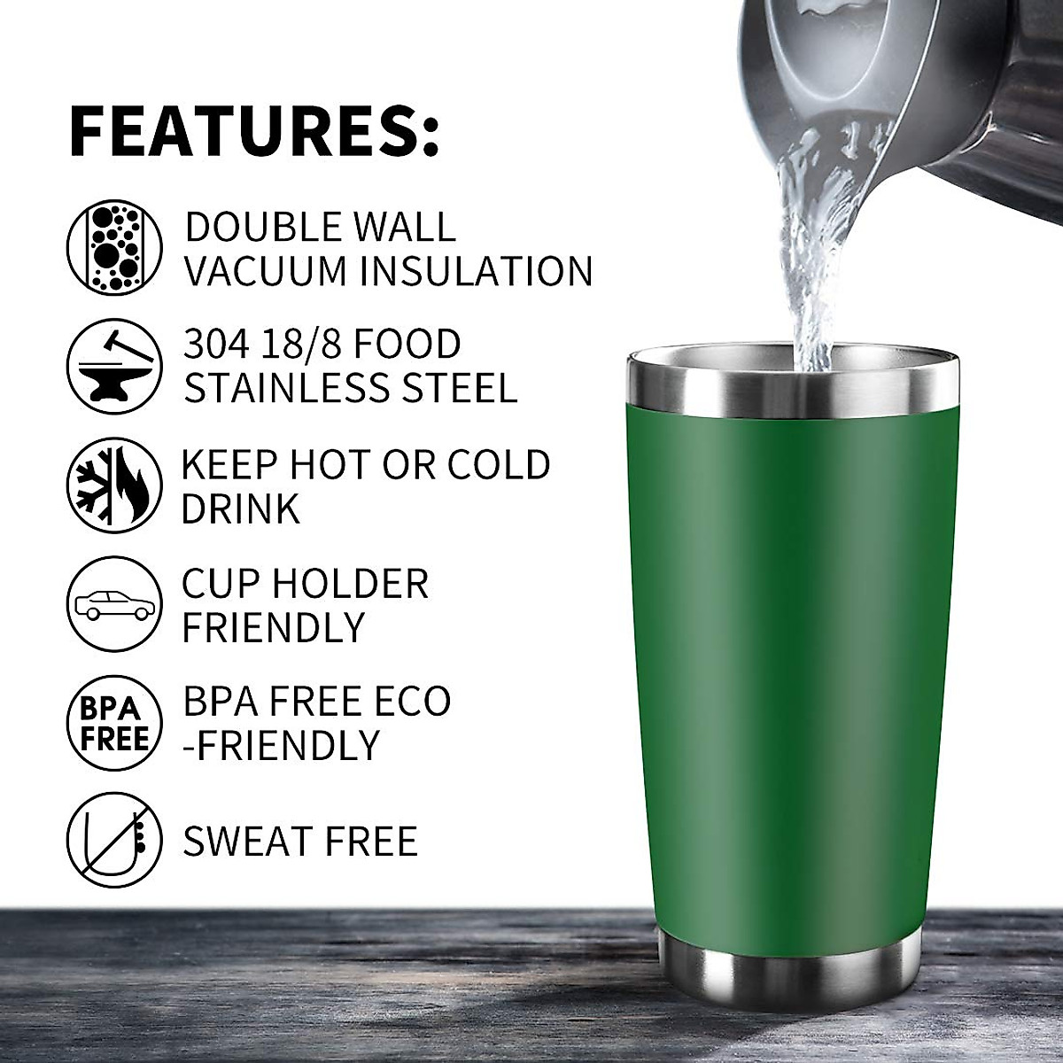 EcoMozz 20oz Tumbler Bulk Stainless Steel Vacuum Insulated Tumblers with Lid Double Wall Travel Mug, Powder Coated Coffee Cup, Suitable for Ice Drinks and Hot Beverage (Dark green 1pack)