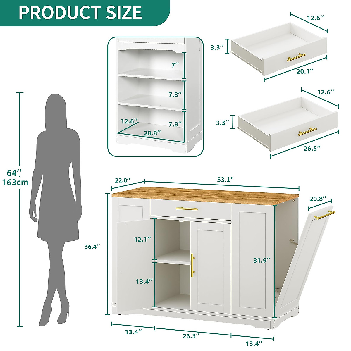 YITAHOME 53 inch Large Rolling Kitchen Island with Trash Can Storage Cabinet, Portable Mobile Islands Table Long Floating Movable w Wheels Cabinet for 13 Gallon Garbage Bin 2 Drawer, White Oak