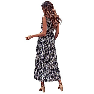 SweatyRocks Women's Floral Sleeveless Ruffle Hem A Line Midi Dress Mock Neck Belted Dresses Blue White S