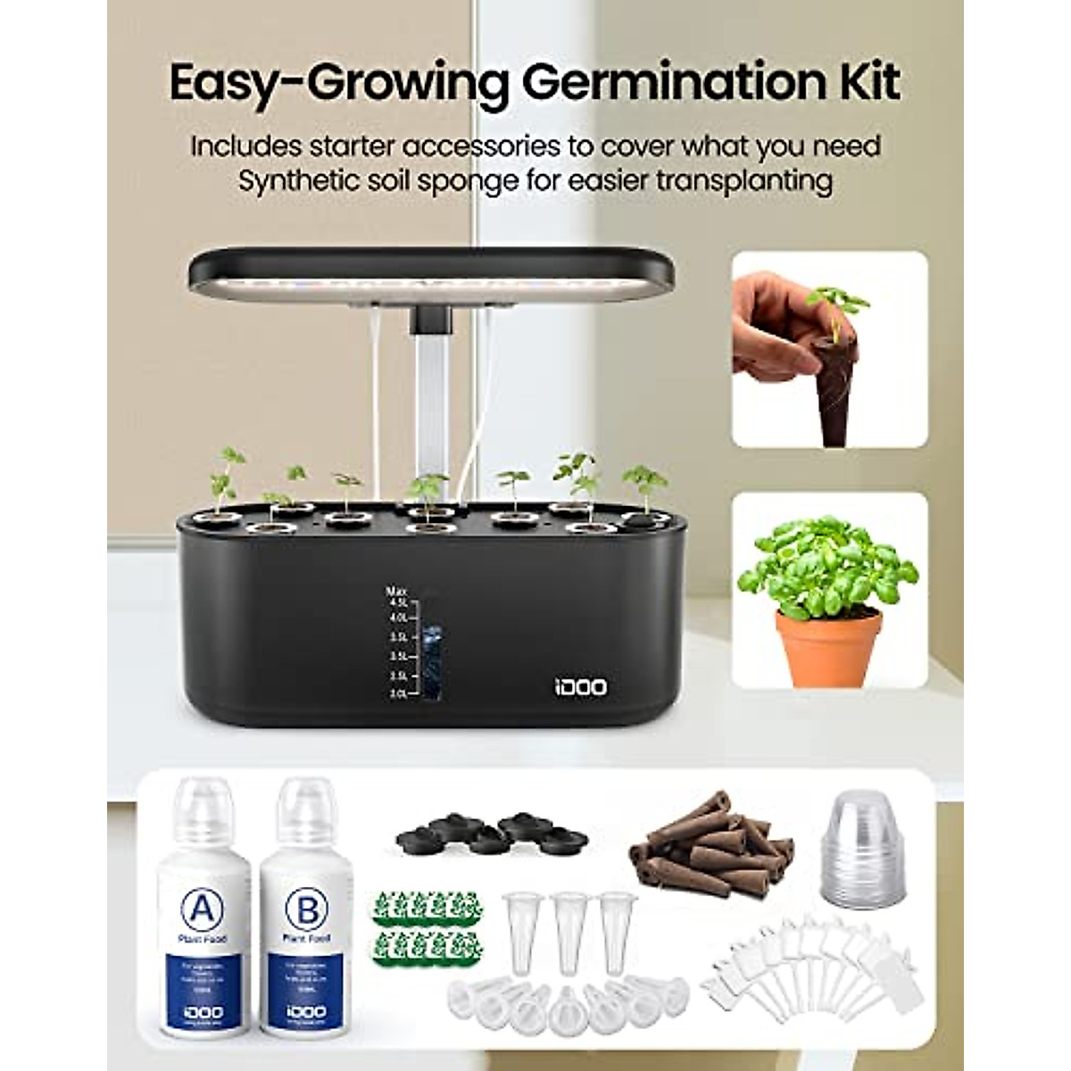 iDOO Hydroponics Growing System, 10 pods Indoor Herb Garden with LED Grow Light, Auto Timer Smart Garden, Water Shortage Alarm, 15'' Height Adjustable, 4.5L Water Tank