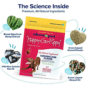 Okoa Pet "Happy-Go-Puppy Mobility Chews - Hemp Dog Treats for Hip & Joint Pain Relief - Vet Formulated, Natural Supplement with Green Lipped Mussel & Roe Oil, Reduces Inflammation - Made in The USA