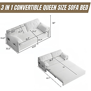 3 in 1 Convertible Queen Sleeper Sofa Bed Comfy Pull Out Futon Couch Bed 63.8" Modern Velvet Recliner Loveseat Sofa Multi-Functional Black Cloud Couch for Living Room,Apartment,Office (Beige 63.8in)