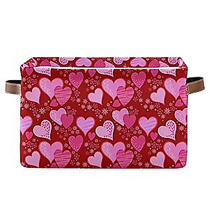 Pink Red Love Heart Storage Basket Fabric Laundry Baskets Happy Valentine's Day Storage Boxes Organizer Bag for Baby Cloth Dog Toy Book Storage Cubes Shelf Closet Bins 16×12×8 Inches