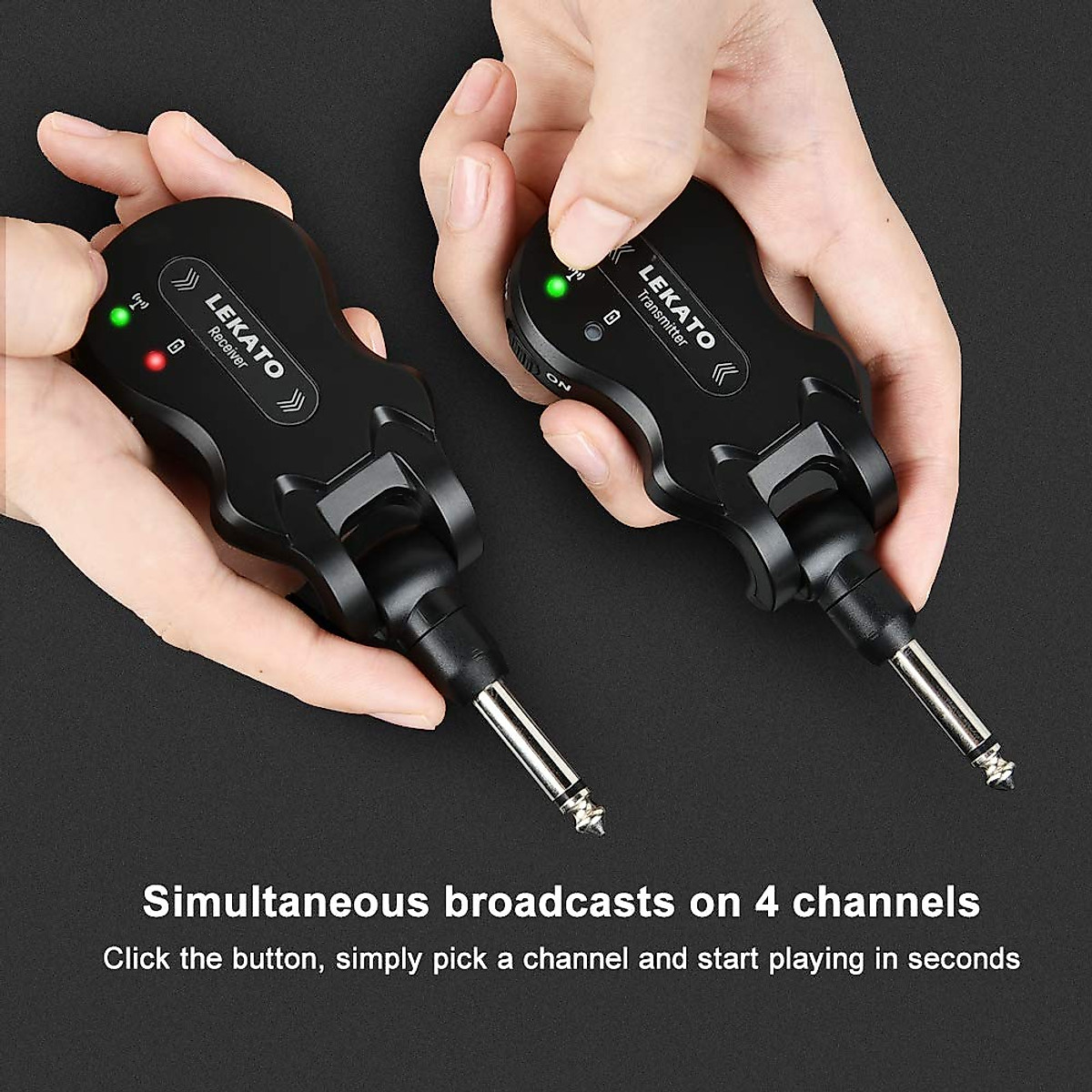 LEKATO Wireless Guitar System 5.8 Wireless Guitar Transmitter Receiver Rechargeable Audio Wireless Transmitter Receiver 4 Channels Transmission Range for Electric Guitar Bass (Black)