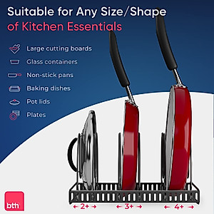 Anti-Scratch Adjustable Compartments by BTH Expandable Pot and Pan Organizer Rack for Cabinet – Heavy Duty Pot Lid Organizer for Kitchen Cabinet Under Sink Drawer Pantry (LARGE 7.5"W (DARK GREY))