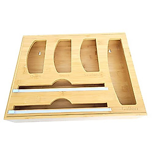 Redesigned and OVERSIZED ZipLock Bag storage organizer with plastic wrap and aluminum foil dispenser with cutter. 4 slots - Quart, Sandwich, Freezer and Gallon size.