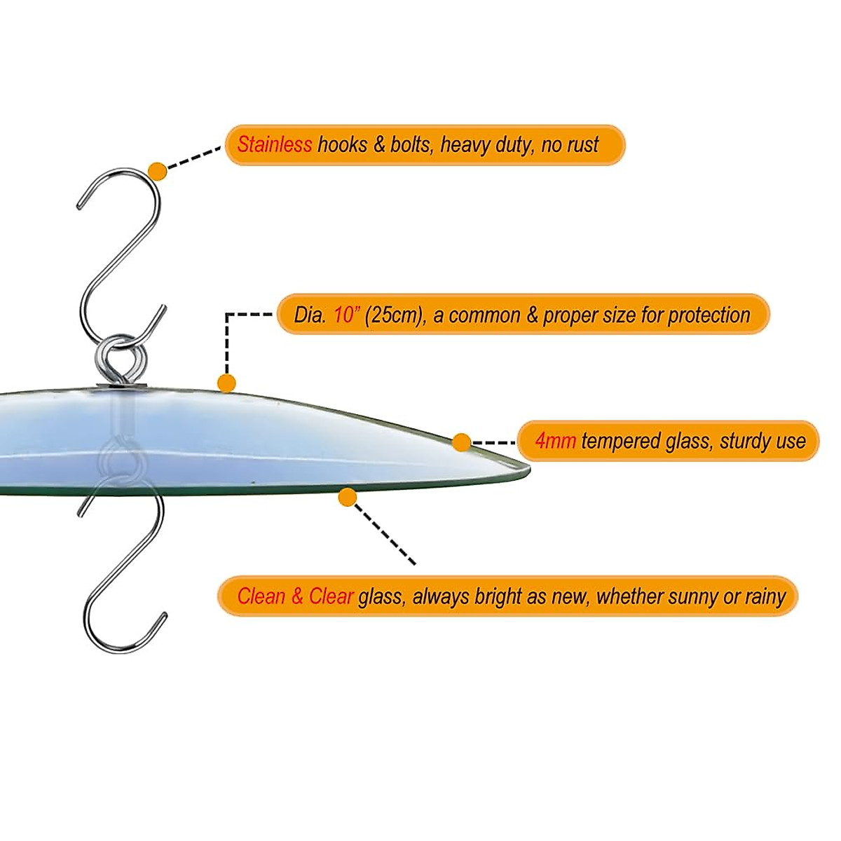10" Glass Rain Cover for Wild Bird Feeder Outdoors - Weather Guard S Hook Hanging - Protective Dome Baffle - Clear (Dia. 25CM)