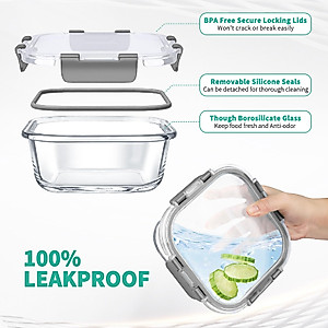 34pcs Glass Food Storage Containers with Lids Set, Airtight Glass Meal Prep Containers (17 Containers & 17 Lids), Leak Proof Lunch Containers BPA-Free, Microwave, Oven, Freezer, Dishwasher Safe-Grey