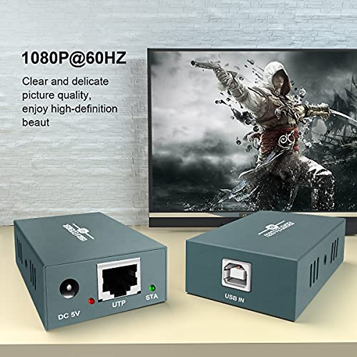 USB Extender Over Ethernet RJ45 LAN Extension, with 4 USB 2.0 Ports, Transmit 50m/165ft Over Ethernet Cat5/5e/6/7, Support Power Over Cable, Play and Plug, No Driver Required