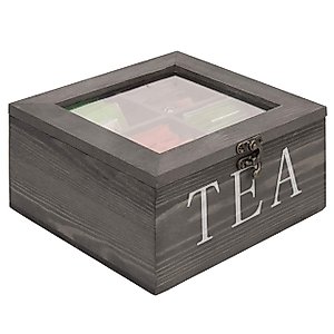 MyGift Rustic Gray Solid Wood Tea Box Organizer with 4 Compartments, Teabag Storage Chest with Clear Acrylic Lid and Latch