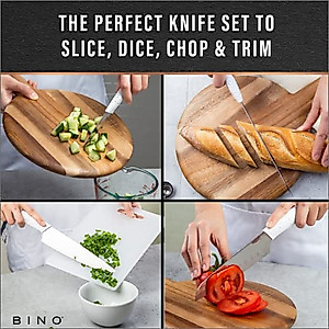 BINO 5-Piece Stainless Steel Kitchen Knives Set with Sheath - Speckled White | Chopping Knife | Serrated Utility Knife | Santoku Knife | Bread Knives | Cutting | Cooking | Meal Prep | Chefs Knife Set