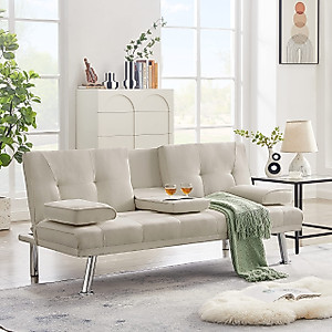 Verfur Modern Convertible Folding Futon Sofa Bed with Removable Armrests, Linen Fabric Upholstered Adjustable Recliner Couch Daybed Loveseat with 2 Cup Holders for Living Room Furniture Sets